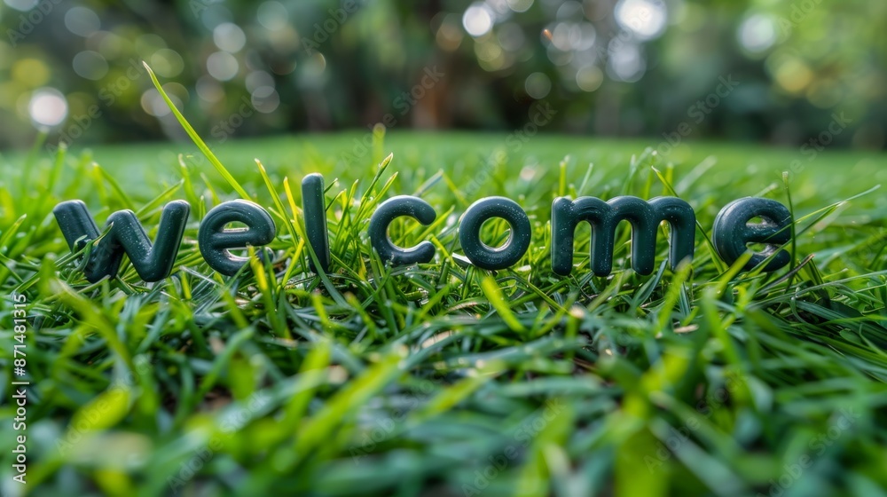 Welcome sign, year theme design made from green grass,text in garden ...
