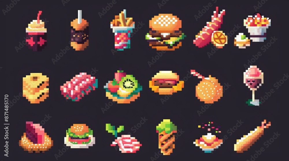Food pixel art 80s style icons element design stickers, logo, menu ...
