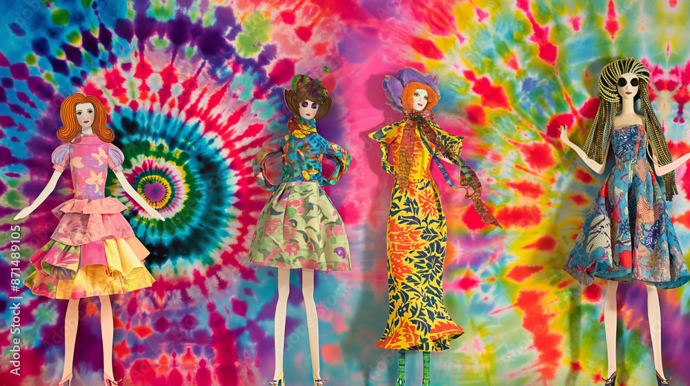 Vintage-styled paper dolls parade on a stage of psychedelic swirls and ...