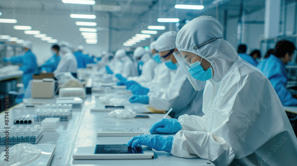Operator in white clean suit, a cap and a mask at an electronic ...