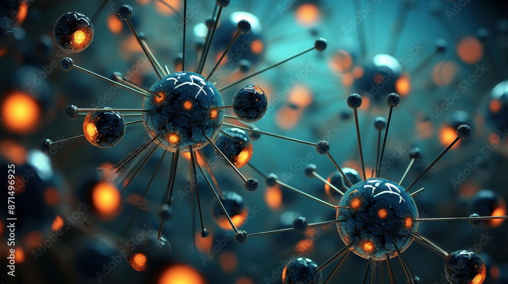 Mysterious dark blue background with vibrant orange bio elements and ...