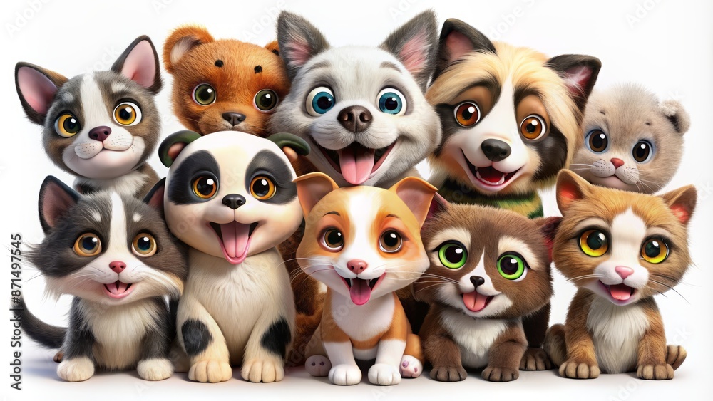 Adorable cartoon creatures, including cats, dogs, and pandas, express ...