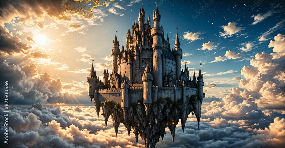 ภาพประกอบสต็อก floating medieval gothic castle palace building floating ...