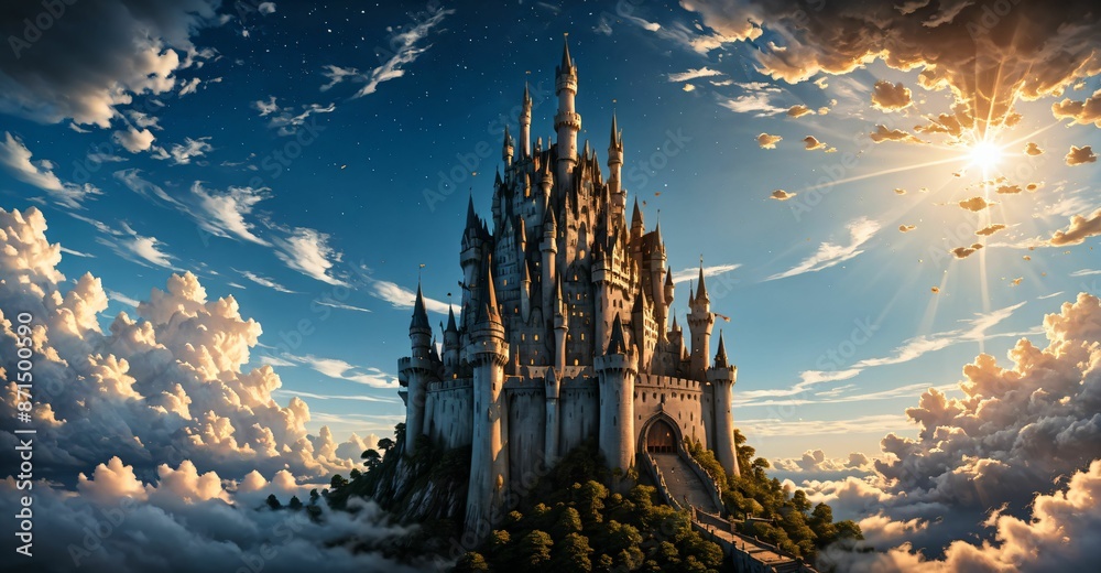 floating medieval gothic castle palace building floating in the sky in ...