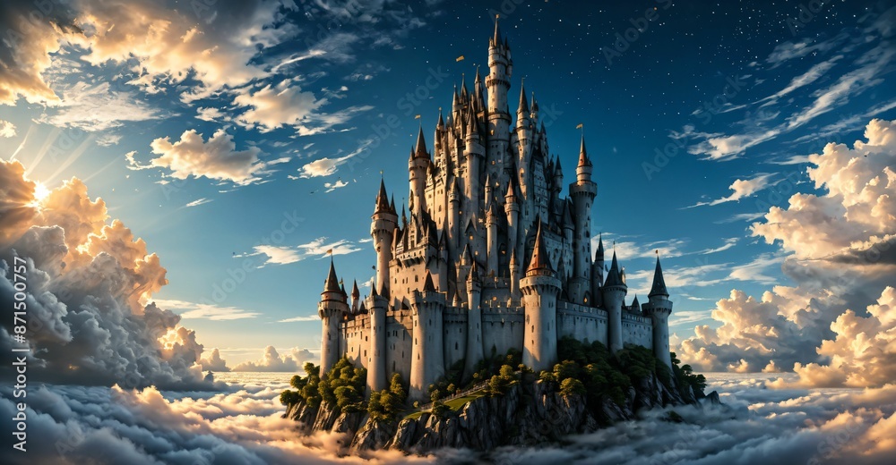 floating medieval gothic castle palace building floating in the sky in ...