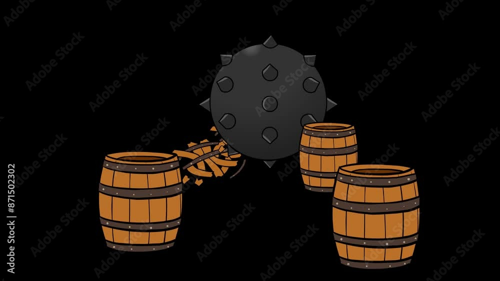 Animated Trap with Spiked Iron Ball Rolling into Beer Barrel Stock ...