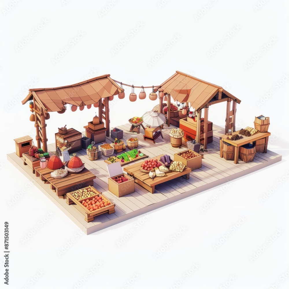 3D Render, Low Poly style of a bustling marketplace with vendors and ...