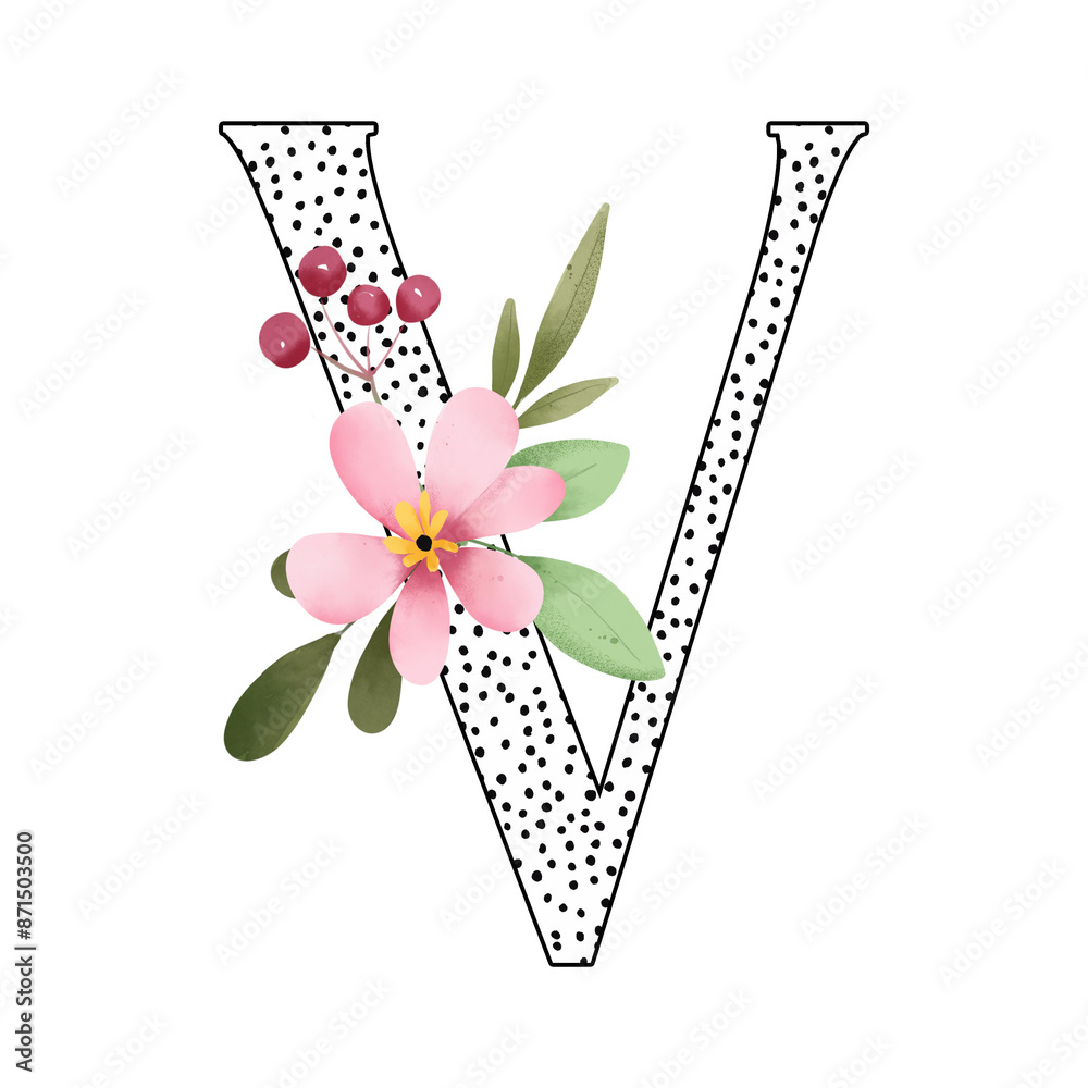 Monogram V, letter with watercolor flowers and leaves. Letterhead ...