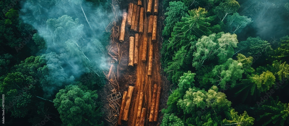 Aerial photograph showcasing deforestation with logs in a dense, misty ...
