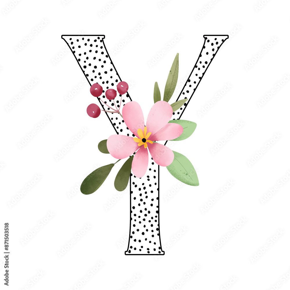 Monogram Y, letter with watercolor flowers and leaves. Letterhead ...