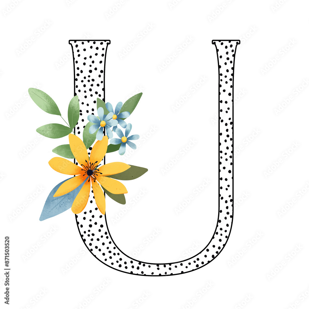 Monogram U, letter with watercolor flowers and leaves. Letterhead ...