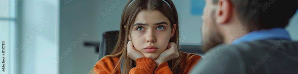 Vulnerable stressed young girl patient conveys emotions from traumatic ...