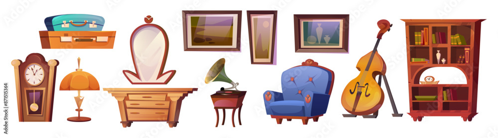 Vintage furniture set isolated on white background. Vector cartoon ...