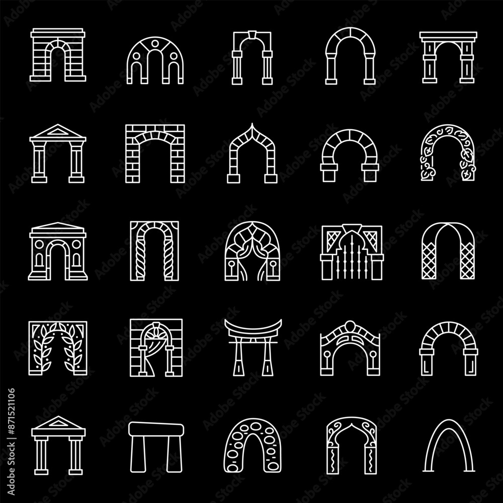 Architectural arches, white line icons. Arches made from various ...