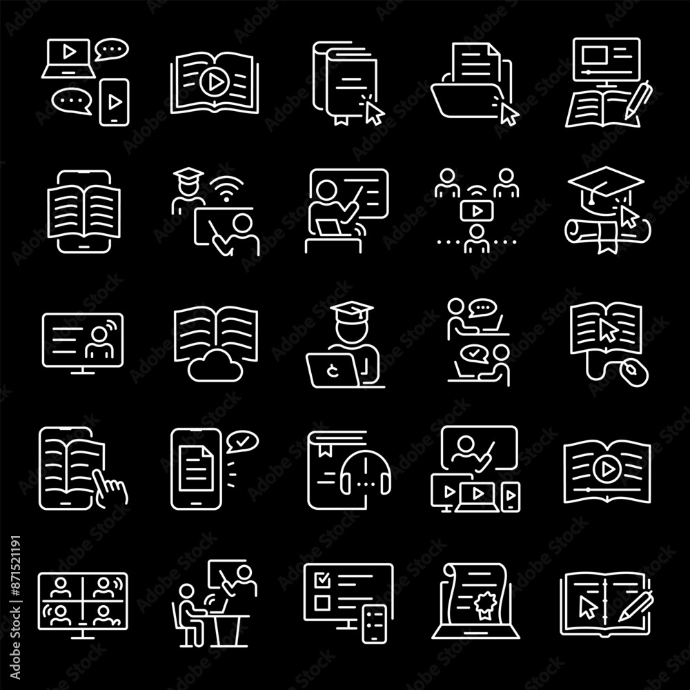 Online education, white line icons. E-learning and distance learning ...