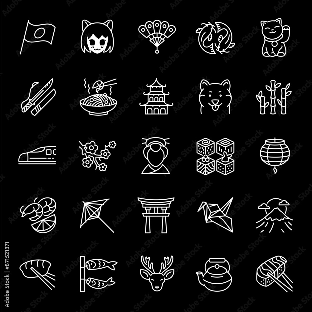 Japan, white line icons. Japanese traditions, landmarks, clothing, and ...