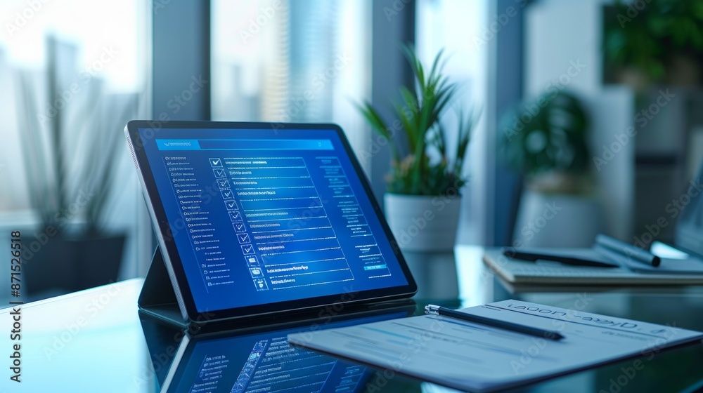 Modern Office Desk with Tablet Displaying Task Checklist and Potted ...