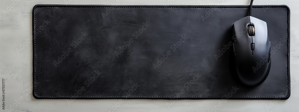 A mouse - a computer input device - rests atop a black leather mouse ...