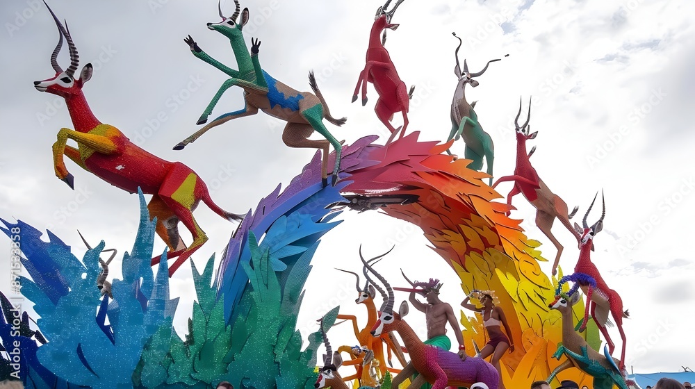 Vibrant rainbow colored parade float showcasing a troupe of acrobatic ...