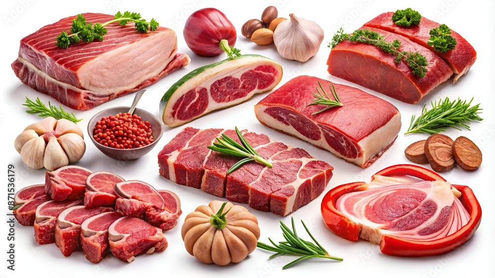 Set of cartoon food: meat cuts assortment - beef, pork, lamb, round ...