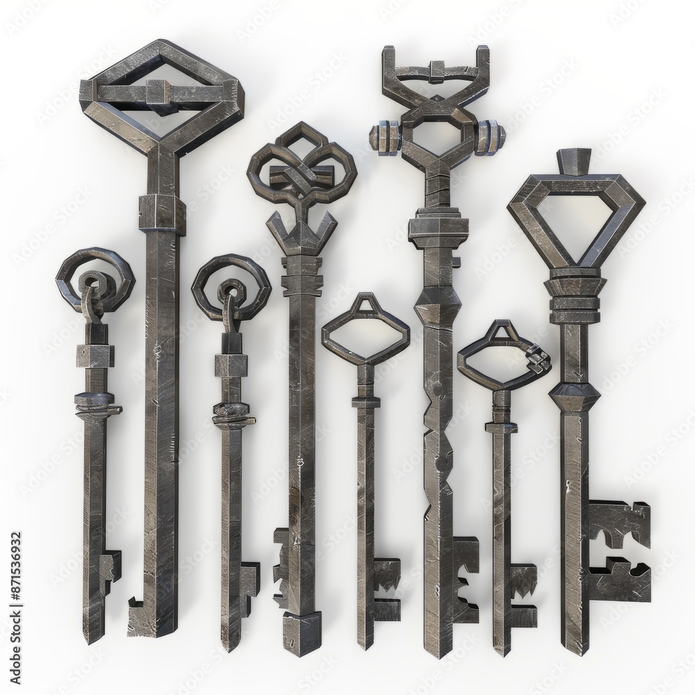 3D Render, Low Poly style of a set of dungeon keys, on isolated white ...