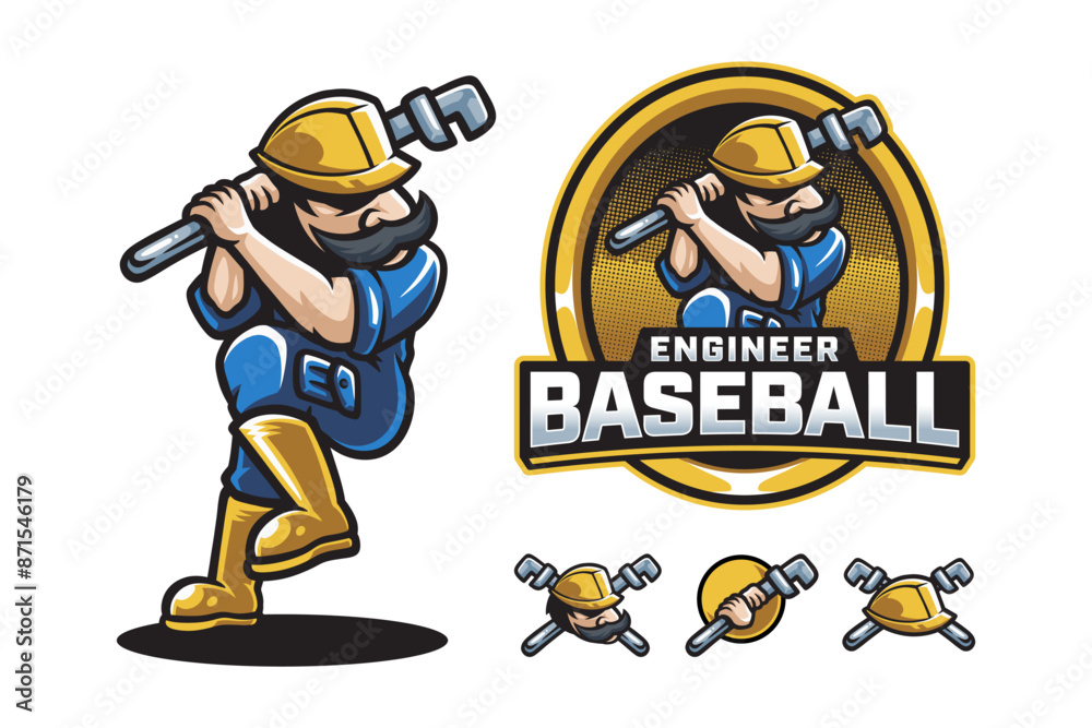 set construction mascot logo with spanner, wrench, helmet. Repairman ...