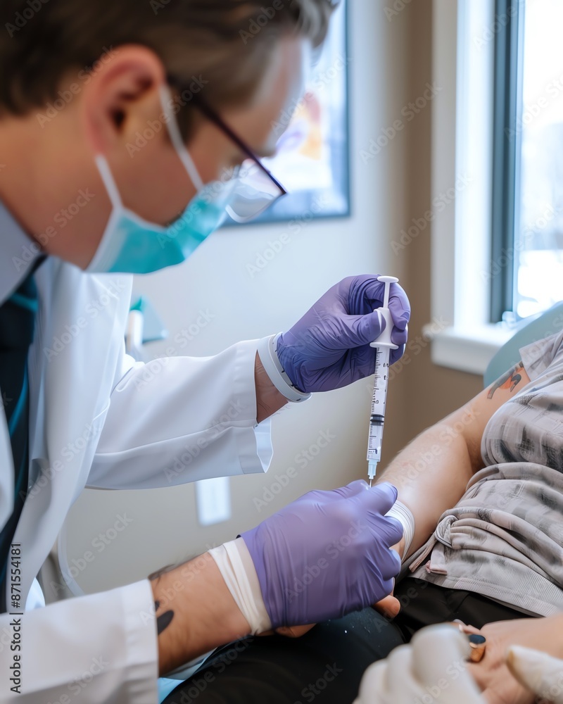 Patient receiving a joint injection treatment, Treatment, Minimally ...