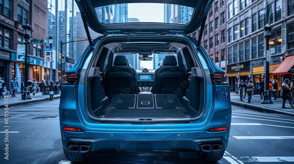 Blue SUV with open trunk parked in city. Rear view of the car open ...