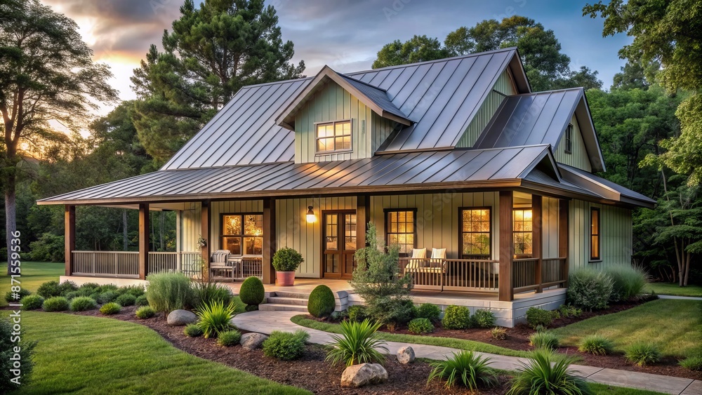 Rustic chic modern farmhouse with corrugated metal roof, vertical board ...