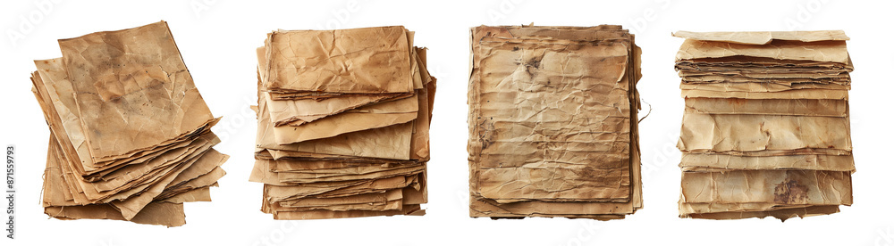 Pile old papers on transparent background, decay delicate document ...