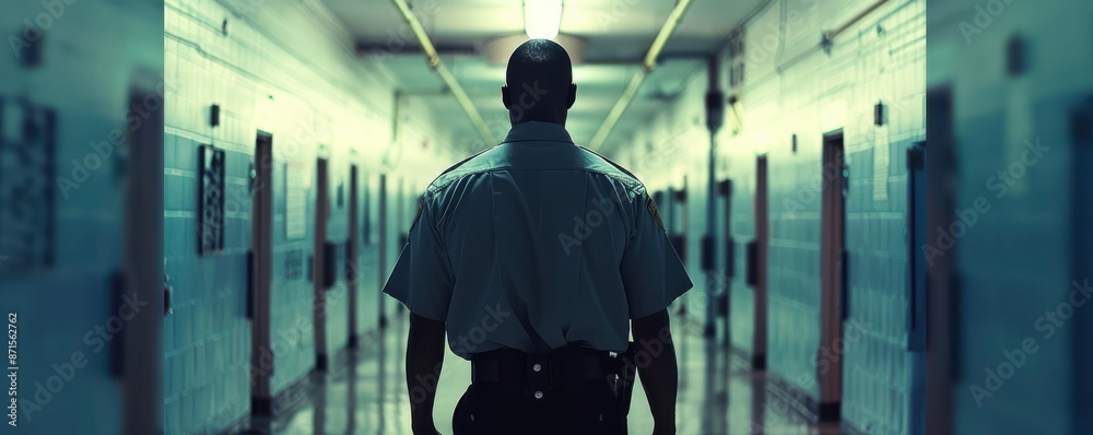 Stern correctional officer standing guard in a dimly lit prison hallway ...