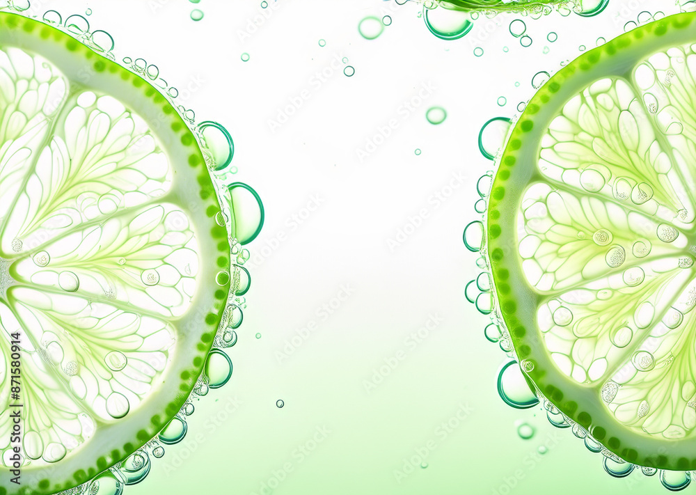Close up and vibrant depiction of lime slices submerged in water, accentuated beautifully by a ...