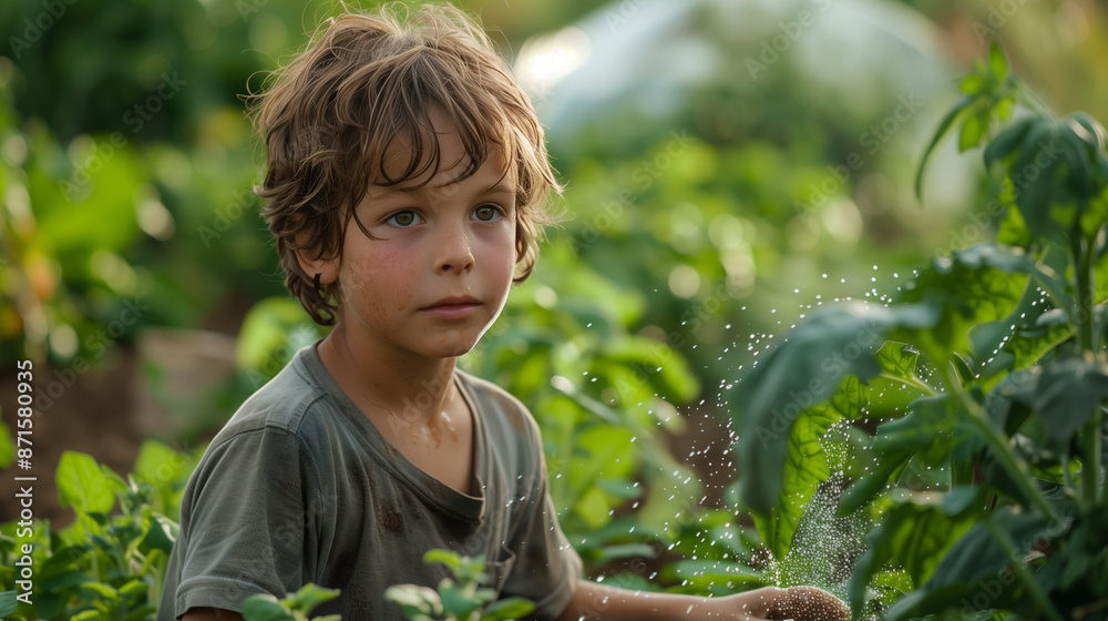 Poignant sight: a farm boy observes sprinklers in a thriving vegetable ...