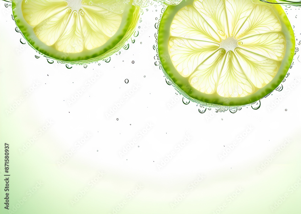 Close up and vibrant depiction of lime slices submerged in water, accentuated beautifully by a ...
