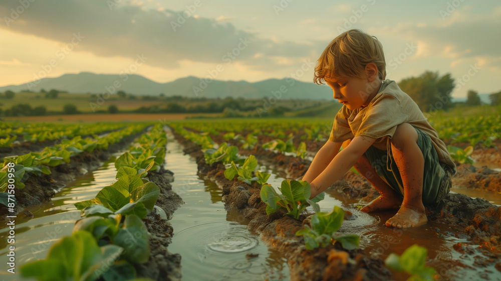 Heartwarming scene: a young farm boy marvels at the sprinklers in a ...