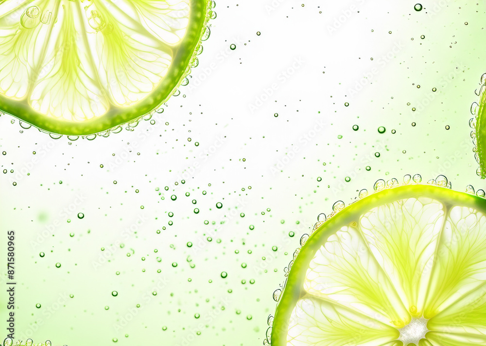 Close up and vibrant depiction of lime slices submerged in water, accentuated beautifully by a ...