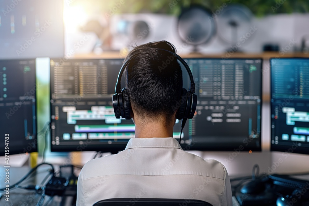 Male video editor works on project with headphones on, focused on ...