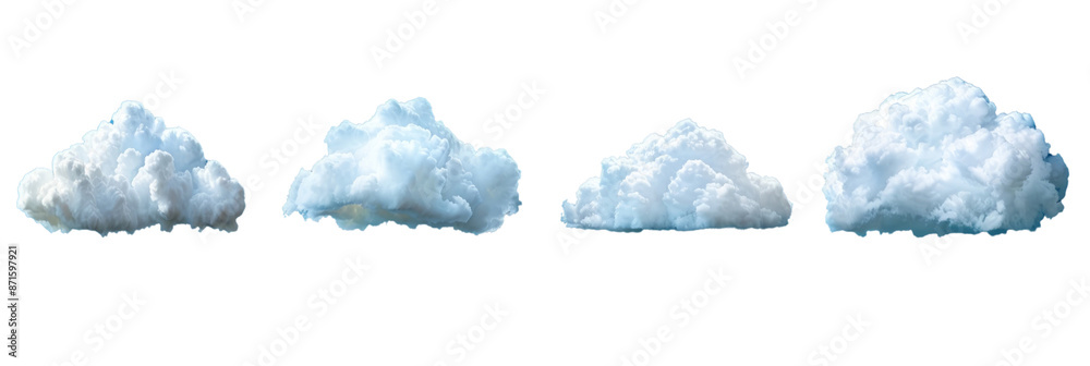 Four white clouds, arranged in a row, are isolated on a transparent ...