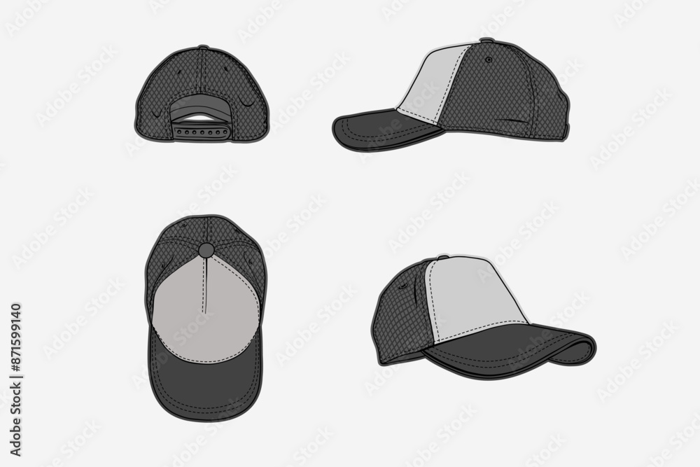 2d illustration of cap. Outline vector image set. Front, back, top ...
