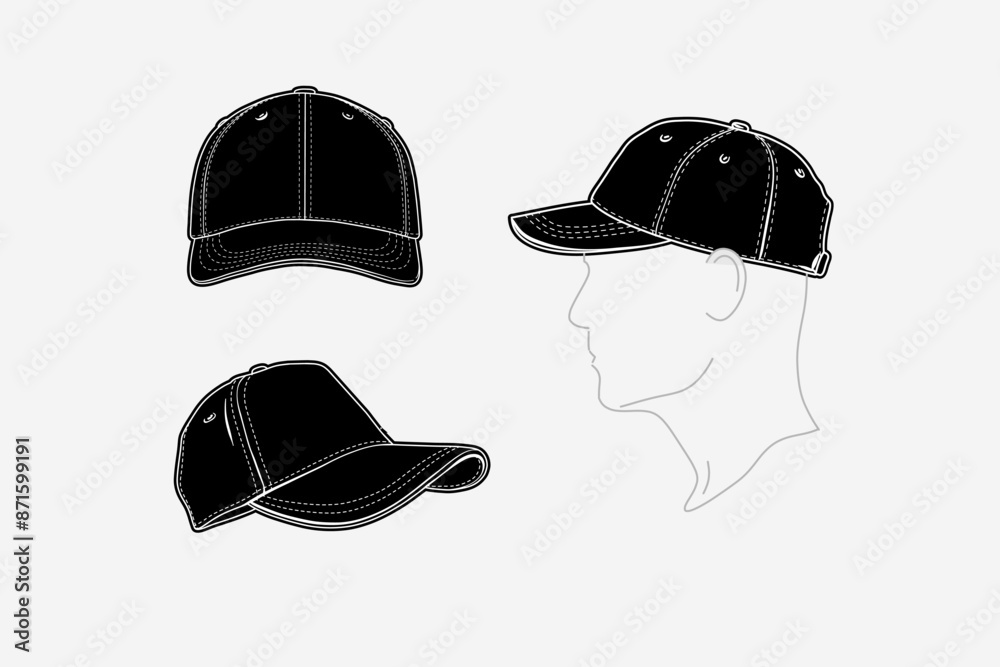 2d illustration of cap. Outline vector image set. Front, back, top ...