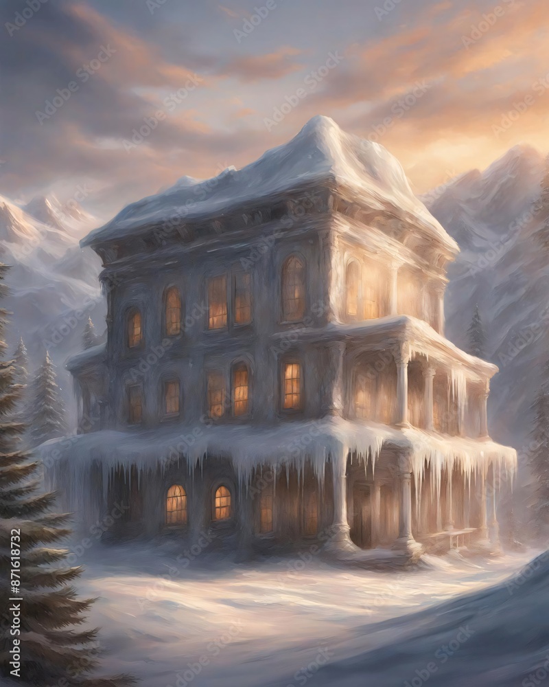 Old building covered in snow during a winter storm, with multiple ...