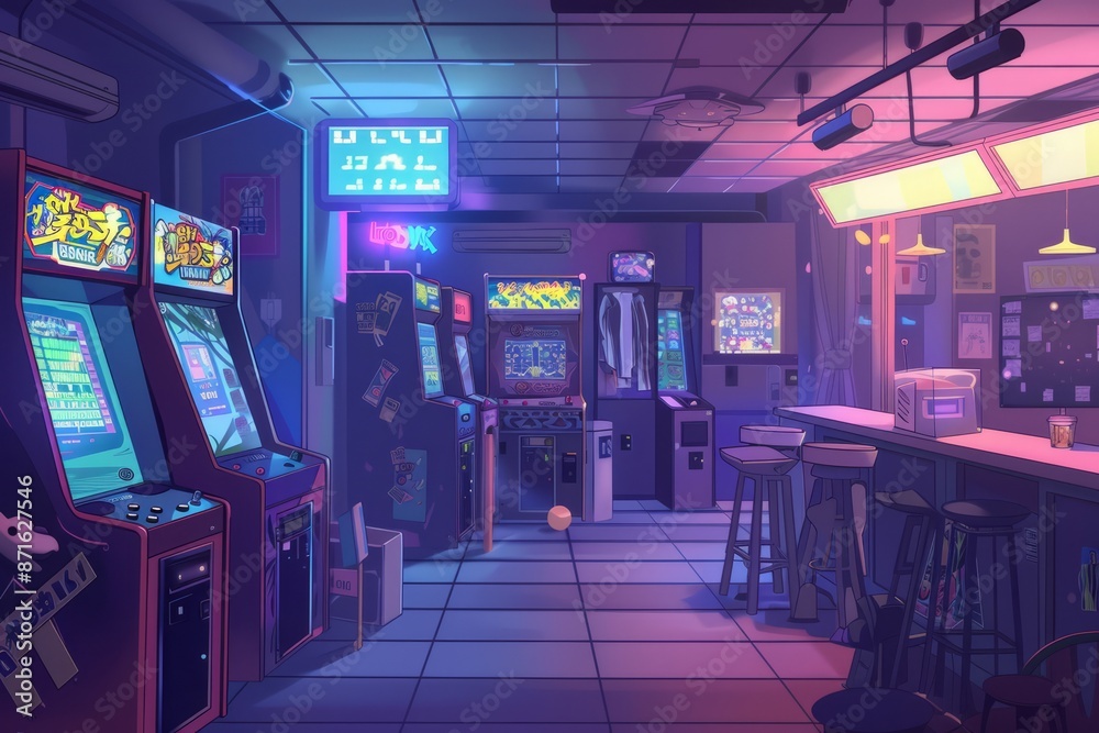 a cozy corner of a retro arcade with arcade cabinets and lofi music ...