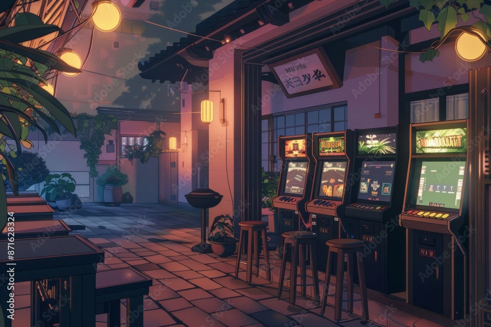 a retro arcade courtyard with arcade cabinets and soothing lofi music ...
