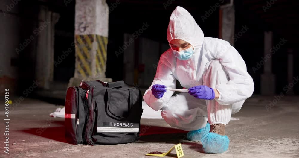 Swab, crime scene and person with evidence for forensic analysis ...