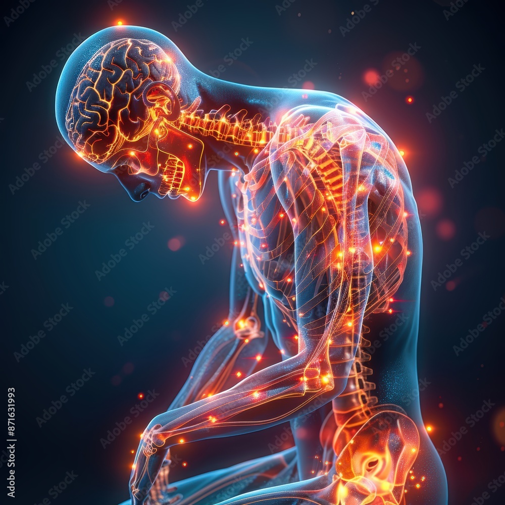 a glowing human nervous system. The brain, spinal cord, and nerves are ...