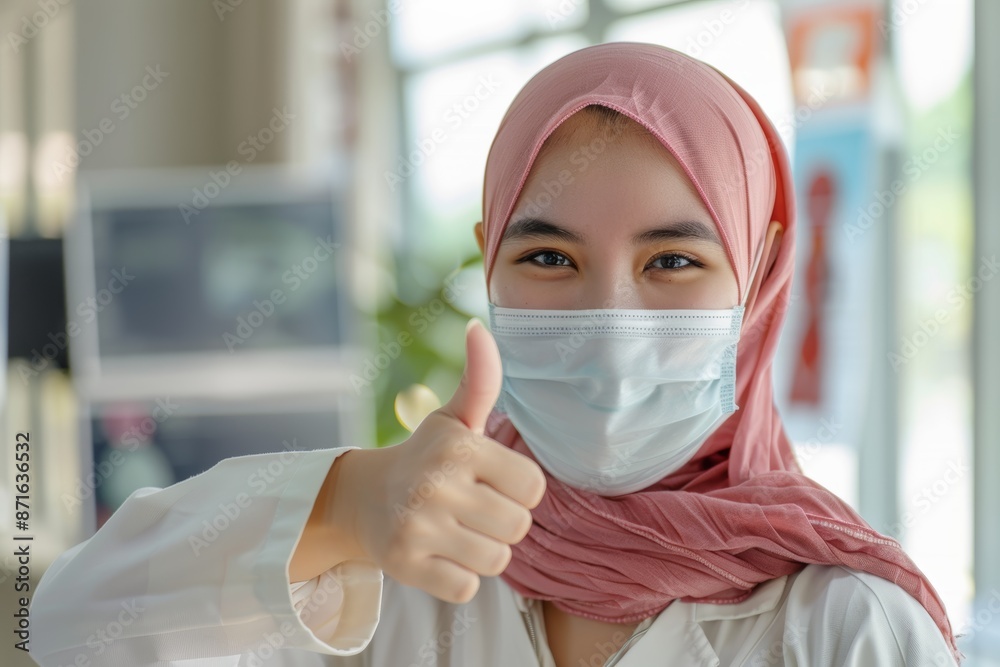 Positive, Islamic woman and mask for covid, vaccine, and outside health ...