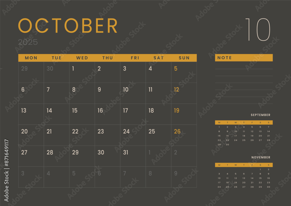 Monthly page Calendar Planner Templates of October 2025. Vector layout ...