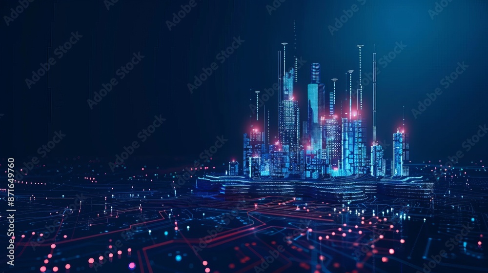 AI chip and stock market candlesticks in low poly wireframe tech blue ...