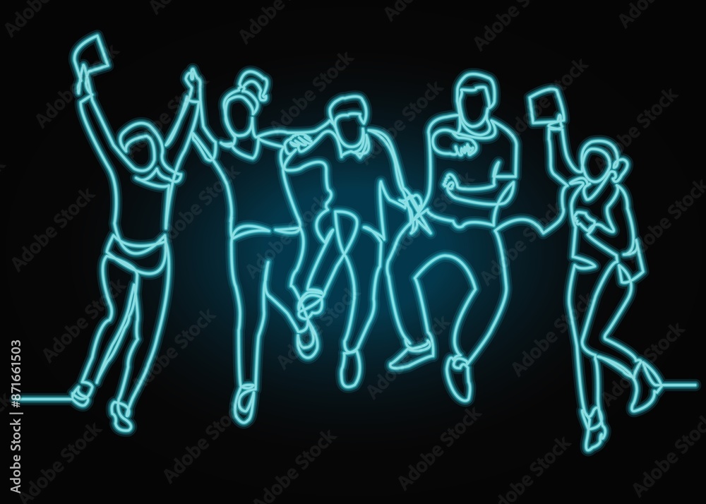 Continuous line drawing of five jumping happy team members.one ...