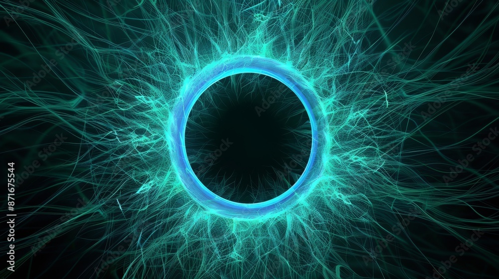 Abstract blue and green sci-fi plasma circular form. Visualization of shining energy force ...